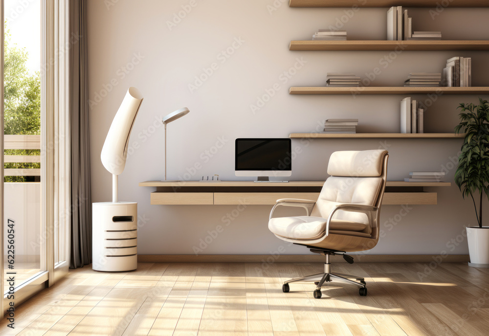 Built in beige working desk with computer, shelf, leather office chair ...