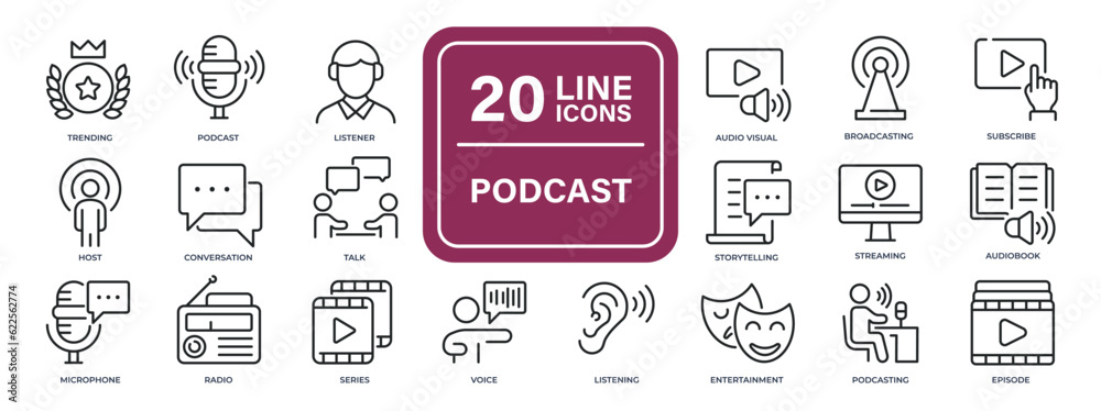 Podcast line icons. Editable stroke. For website marketing design, logo ...