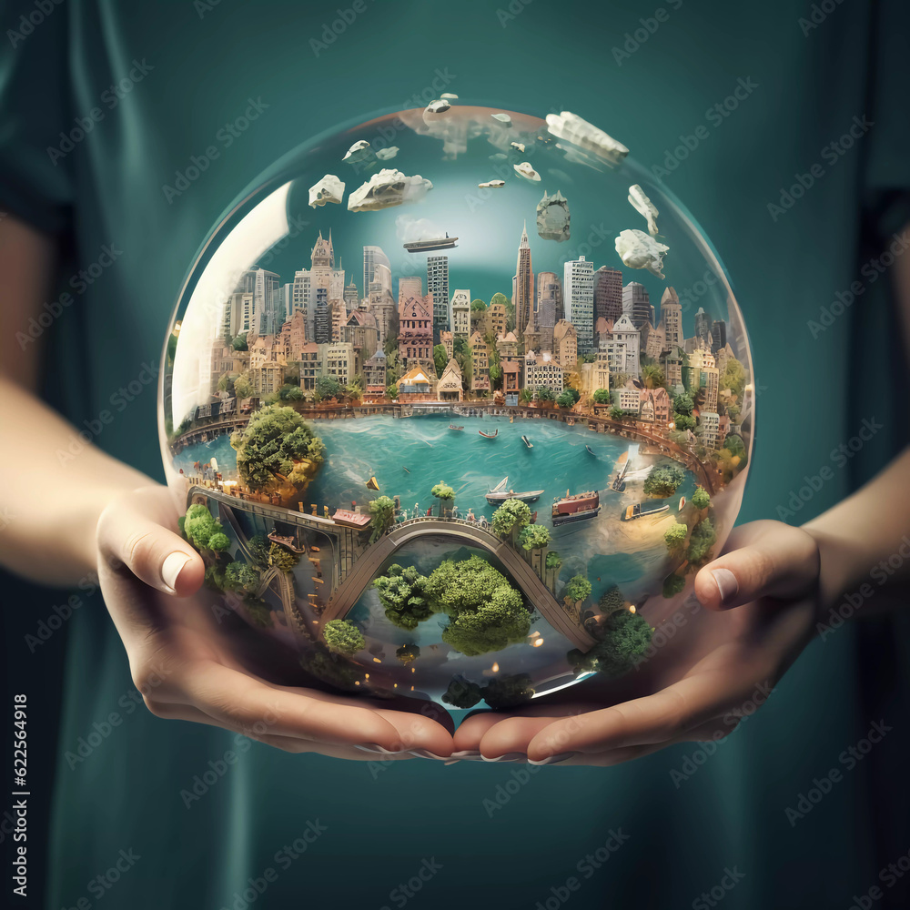 World environment day concept, human hand holding a city scenery, Small ...
