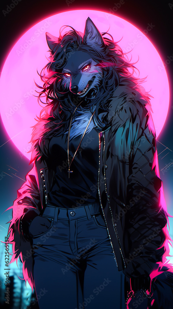 Sexy werewolf or wolf girl fursona, cartoon synthwave style with an ...