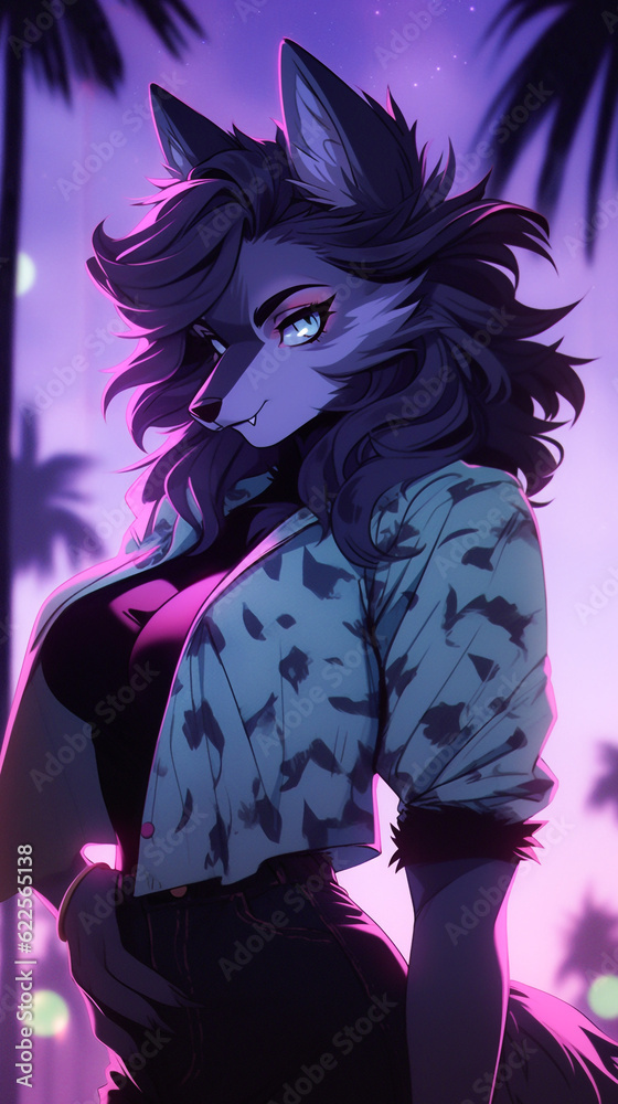 Sexy werewolf or wolf girl fursona, cartoon synthwave style with an ...