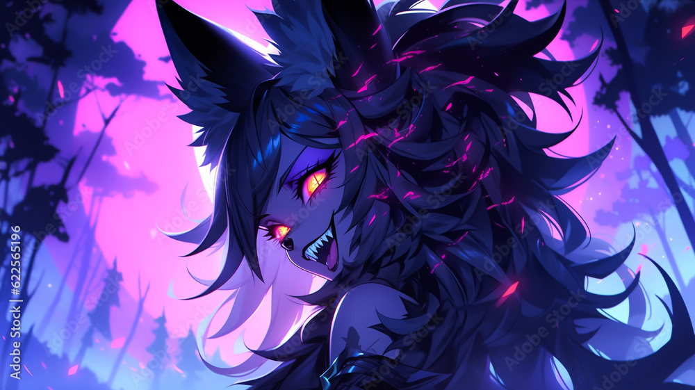 Sexy werewolf or wolf girl fursona, cartoon synthwave style with an ...