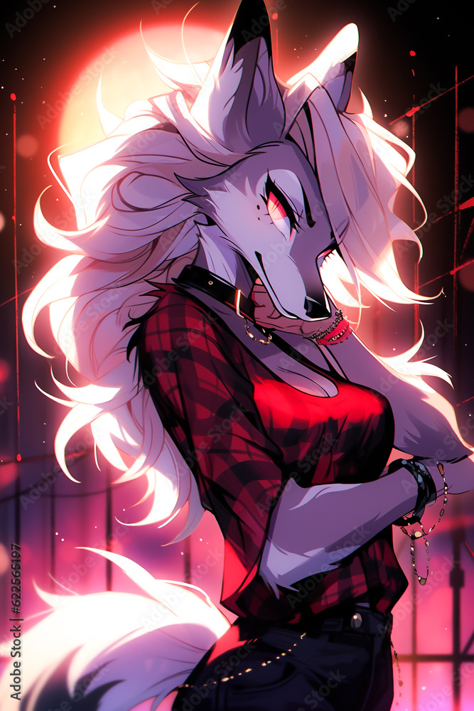 Sexy werewolf or wolf girl fursona, cartoon synthwave style with an ...