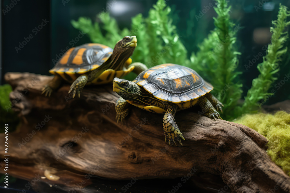 A pair of turtles basking on a log in a terrarium, representing the ...