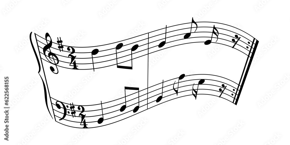 Curved musical grand staff with simple melody, treble and bass clefs ...
