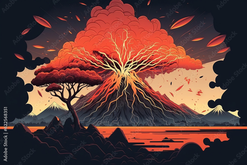Generative AI. prehistoric landscape with volcano eruption, lava and ...