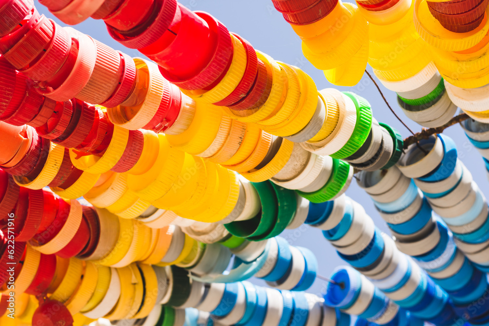 Colorful plastic bottle caps, reuse upcycling, recycle. Zero waste ...