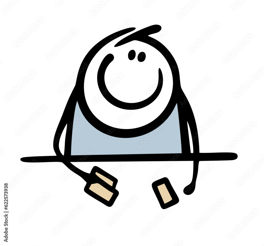 Cartoon stickman is sitting at a table and playing cards. Vector ...