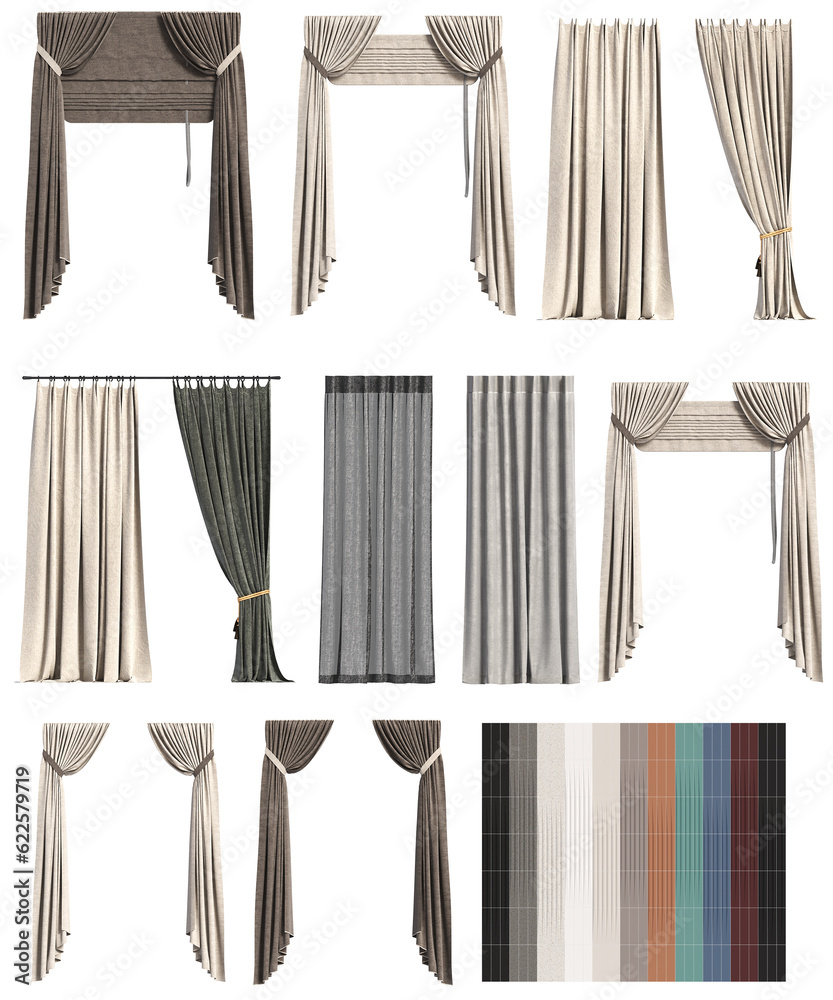 curtain isolated on white background, interior decorations, 3D ...