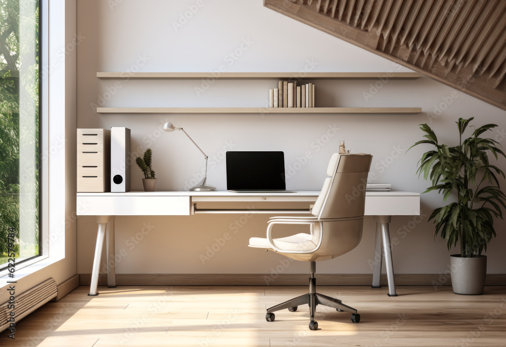Built in beige working desk with computer, shelf, leather office chair ...
