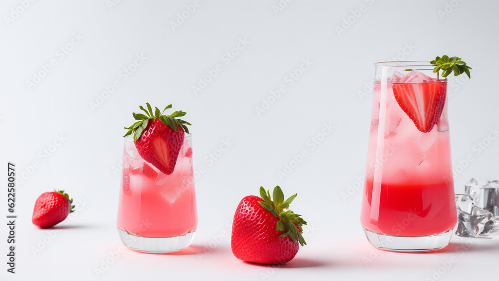 Strawberry alcoholic cocktail on white background with shadows. Summer ...