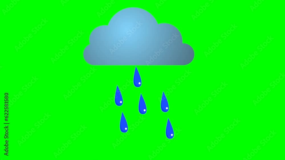Cartoon simple cloud icon with raining and dripping raindrops on green ...