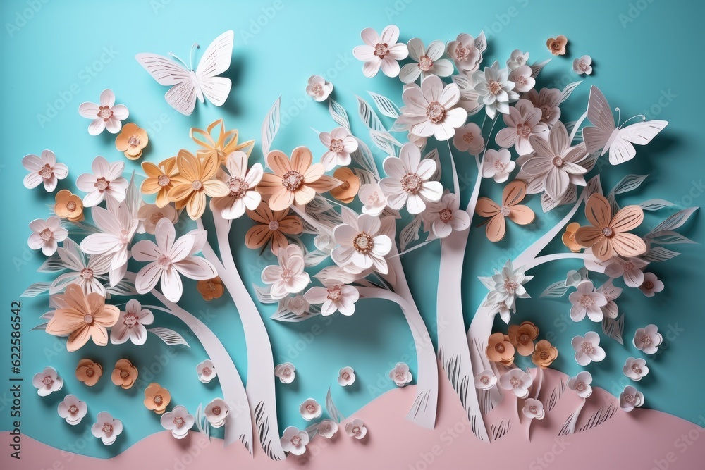 Artistic papercraft with a blossom tree with many flowers and butterfly ...