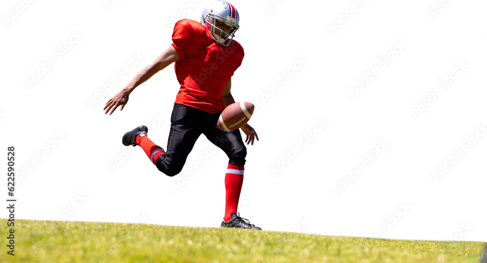 Digital png photo of biracial male american football player kicking ...