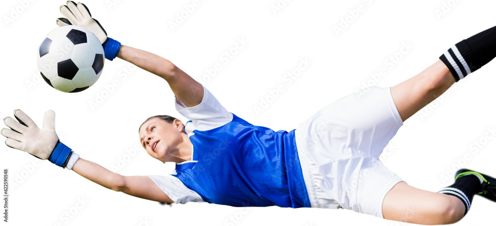 Digital png photo of caucasian female goalkeeper catching football on ...