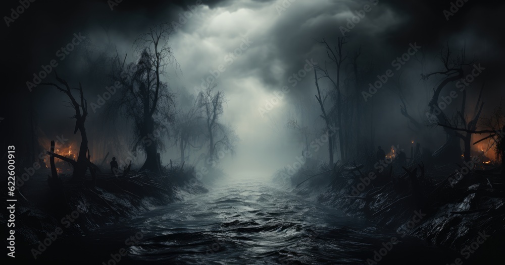 Scary halloween background with dark forest and fog. Horror Depression ...