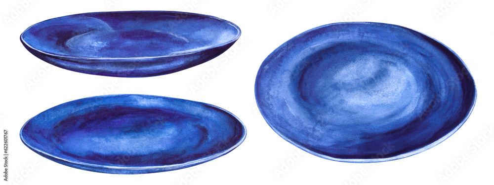 Blue ceramic plates. Set of watercolor illustrations isolated on a ...