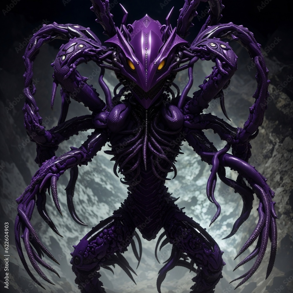 alien creature with six arms and dark purple coloured skin Stock ...