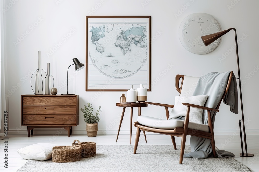 A retro and minimalist living room interior composition featuring a ...