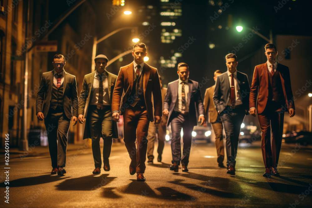 A group of sharp-dressed mobsters walking down a city street at night ...