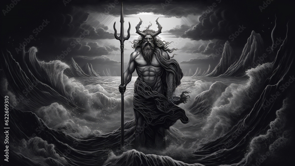 Engraving portrait of Neptune the Roman god of the sea who's Greek ...