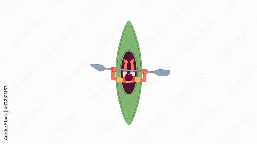 Man with paddle sitting in canoe top view 2D character animation. Kayak ...
