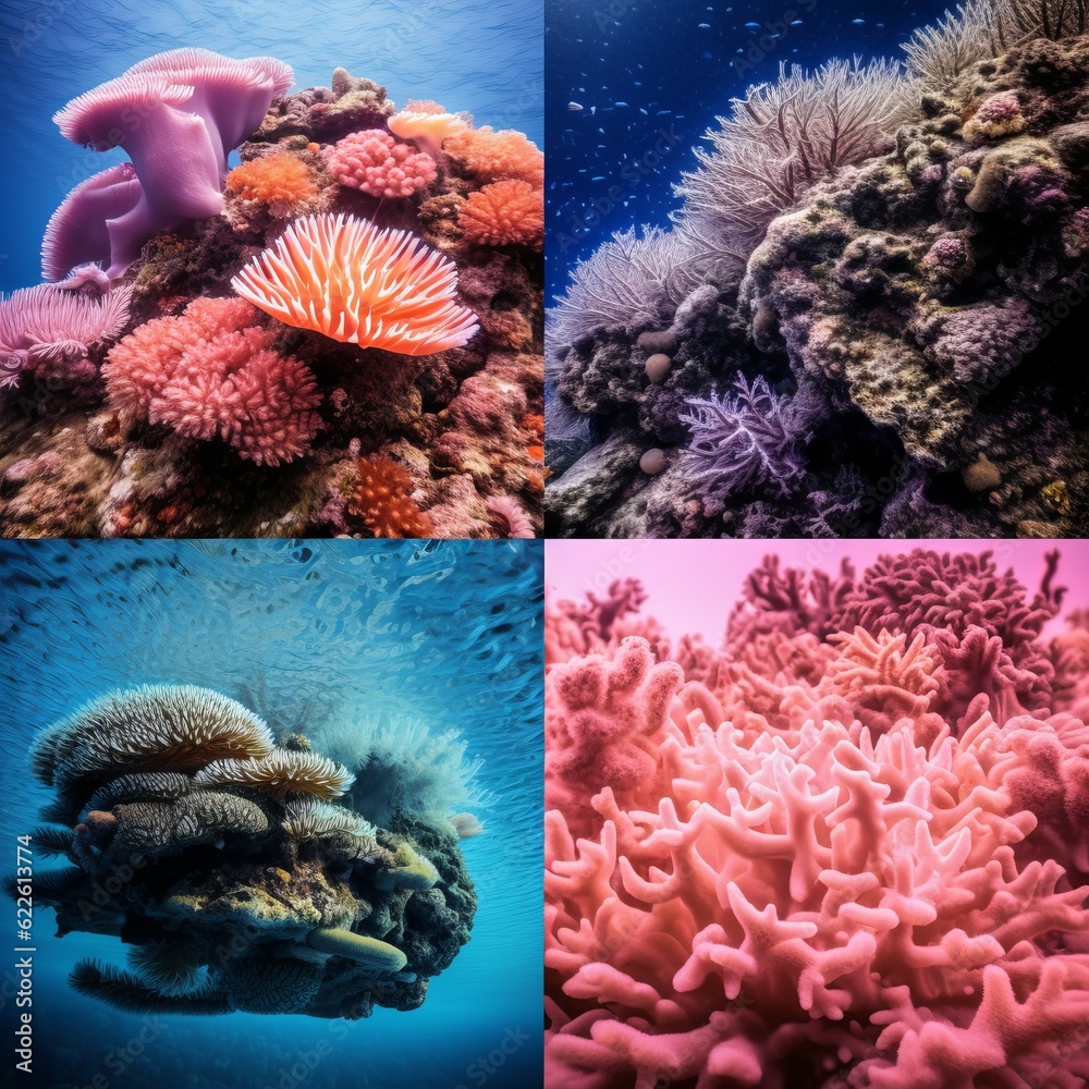 Collage of underwater images of coral reefne life. 3d render. Collage of underwater images of ...