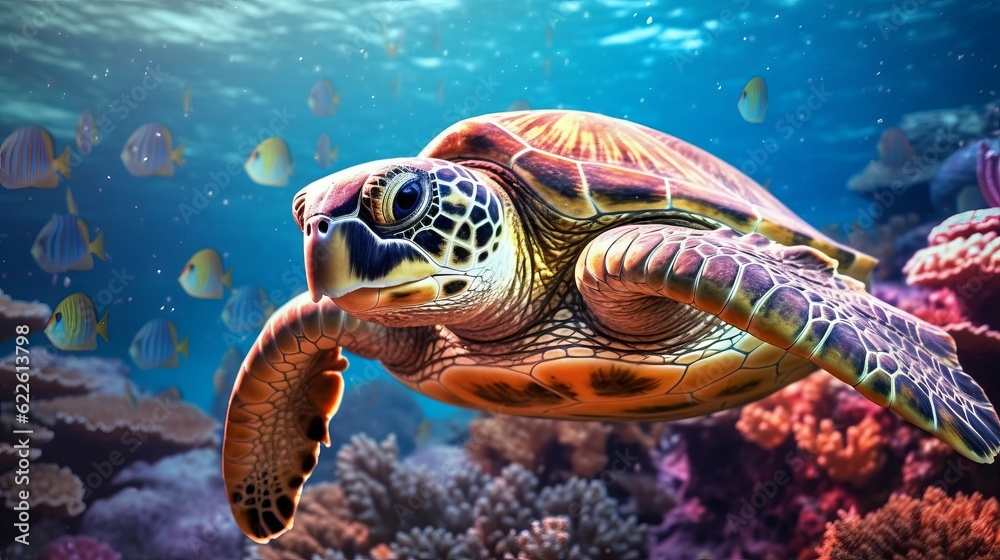 Sea Turtle Swimming In The Ocean Among Colorful Coral Reef Underwater
