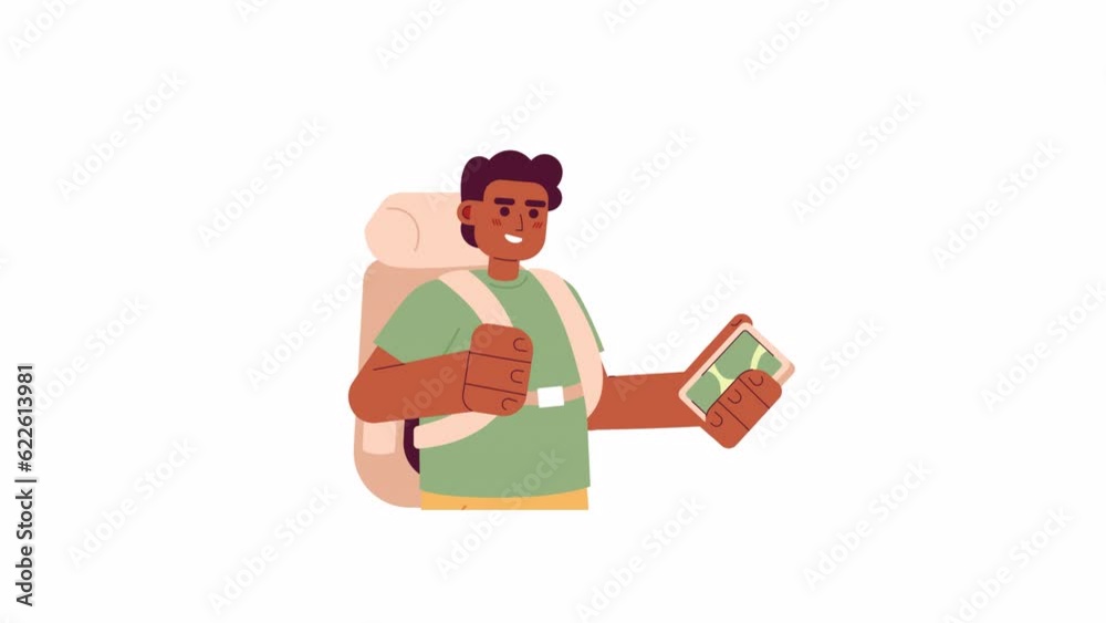 Technology in travel 2D animation. Black male backpacker trekking with ...