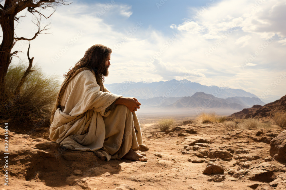 Jesus Christ in the desert of temptation facing his enemy Generative AI ...