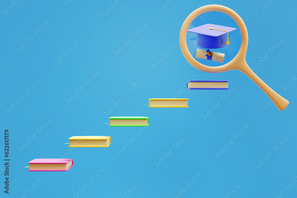 Books ladder of education. Academic graduate cap in magnifying glass ...
