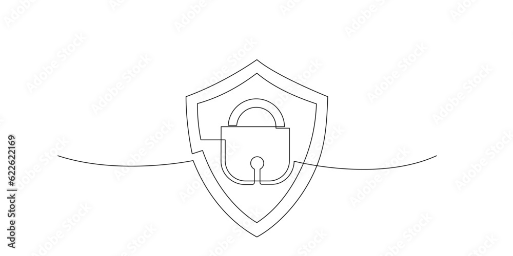 Padlock and shield in continuous single line drawing style. One line ...