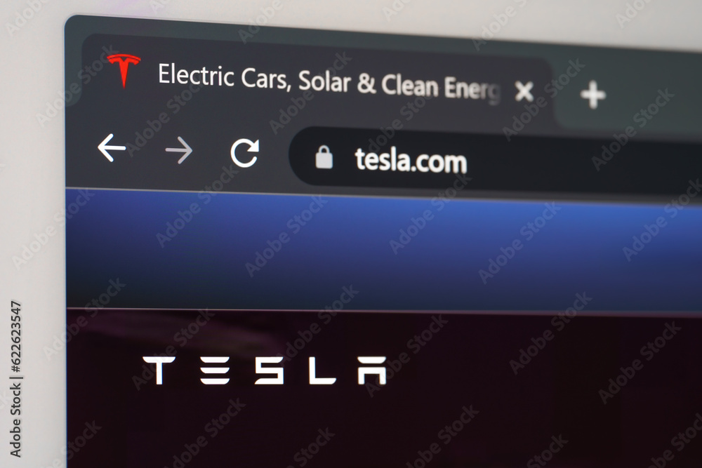 Dnipro, Ukraine 05.07.2023: Photo of Tesla Motors homepage on a monitor ...