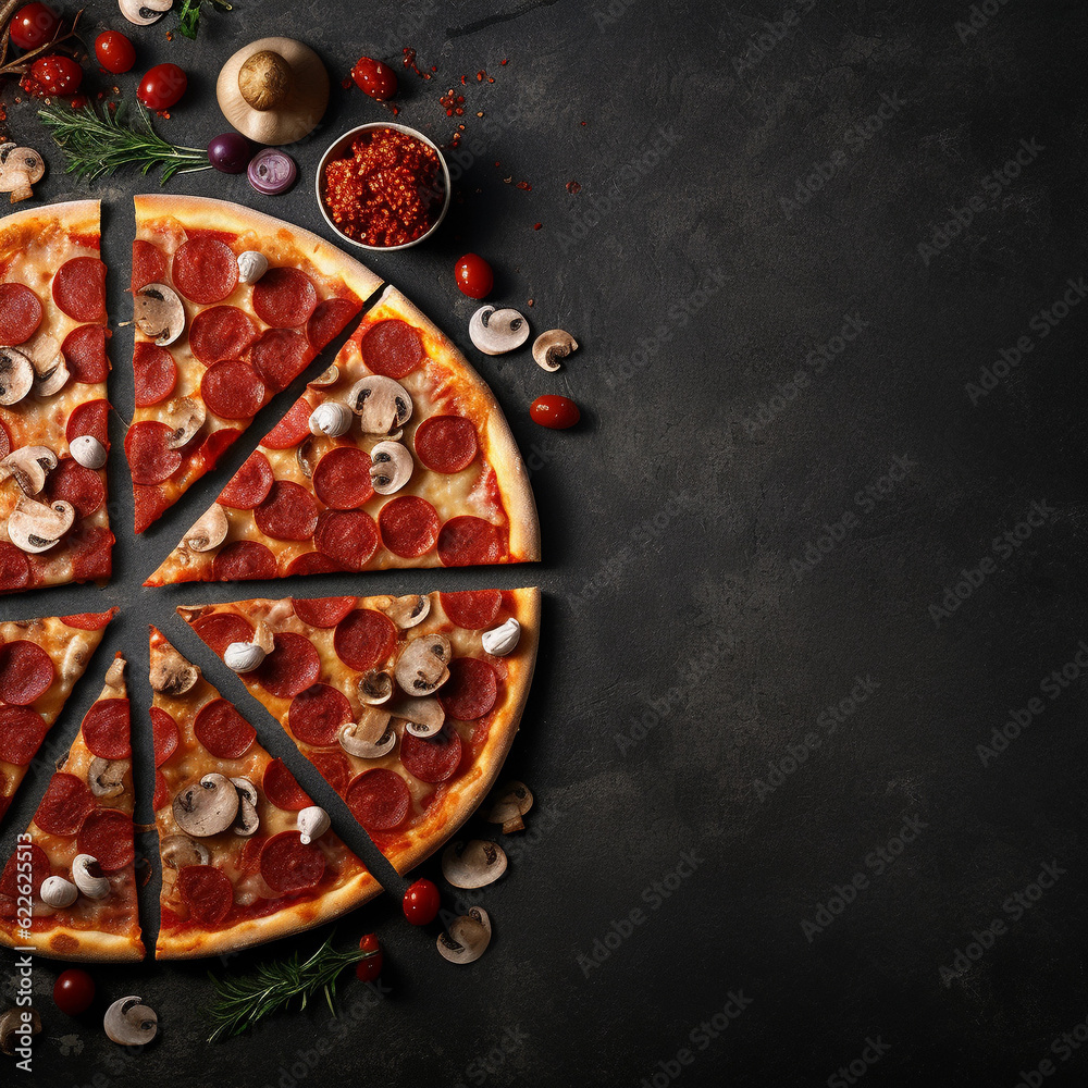 Tasty half pepperoni pizza with mushrooms on left hand side of screen ...