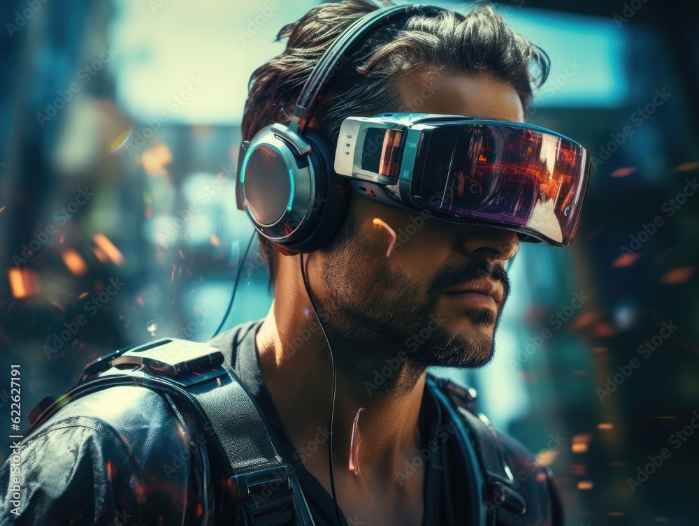 Man wearing a VR headset, futuristic virtual world, digital art ...