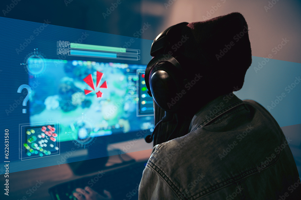 High tech poster banner collage of nerd person sit evening dark room ...