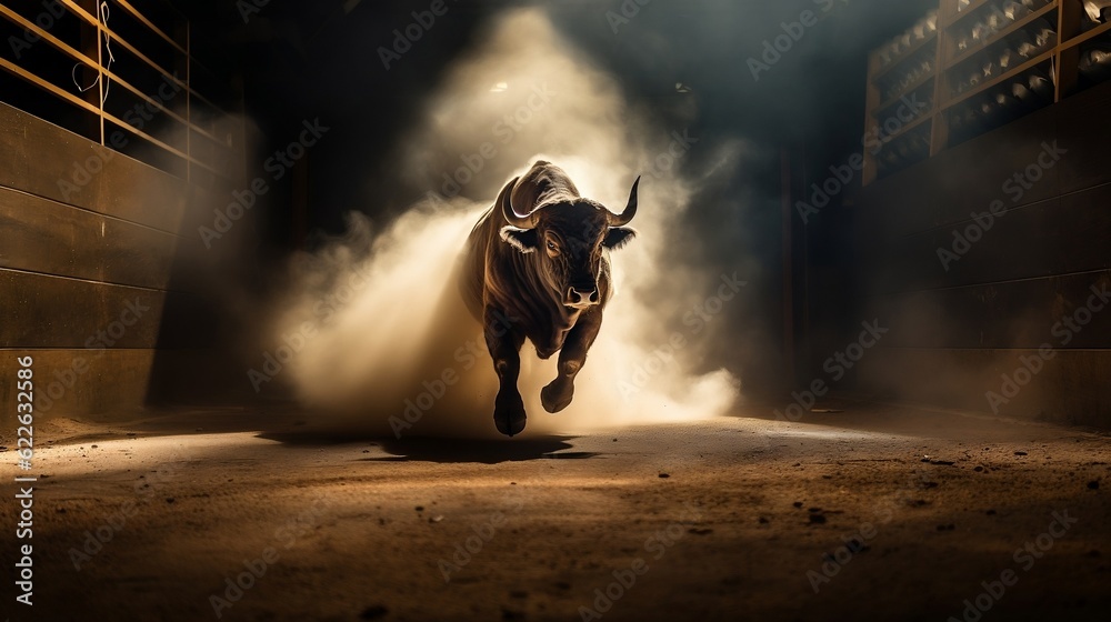 charging bull dust backlit photographic super Stock Photo | Adobe Stock