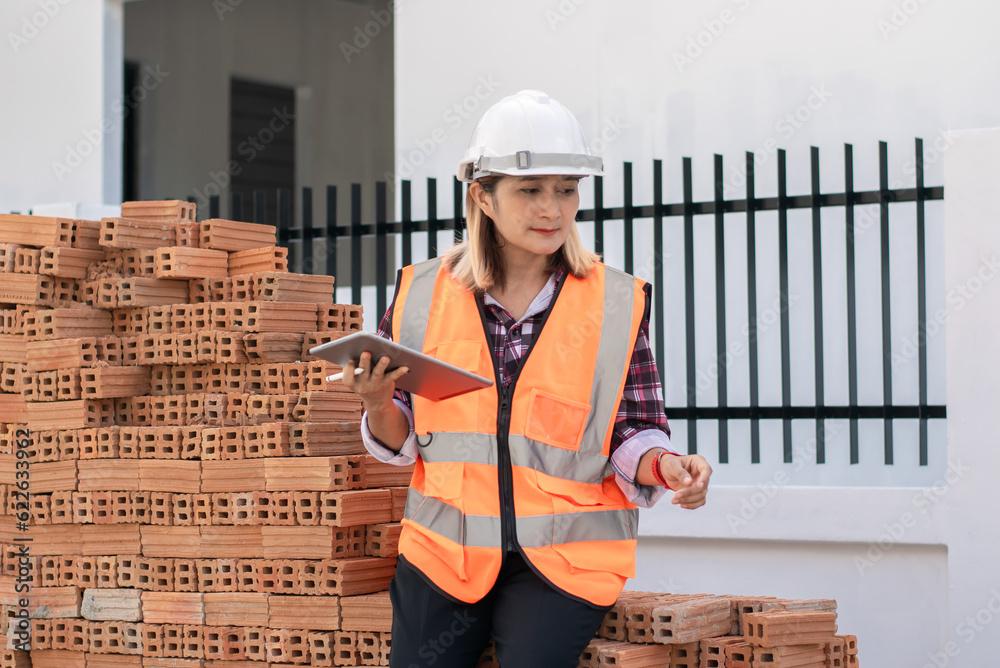 engineer woman sitting on red brick wearing uniform safety vest and ...