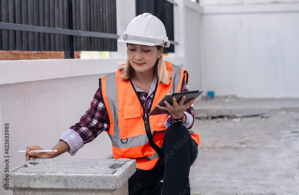 Cvil engineer woman squatting at the construction site wearing safety ...