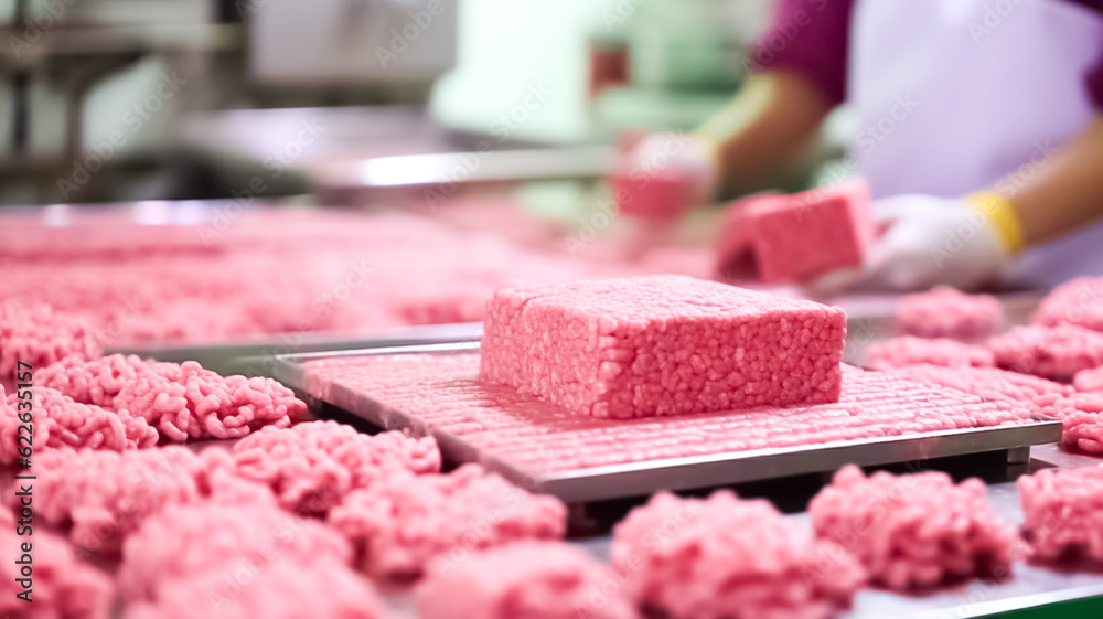 Meat production, the process of making minced pork meat. Process of ...