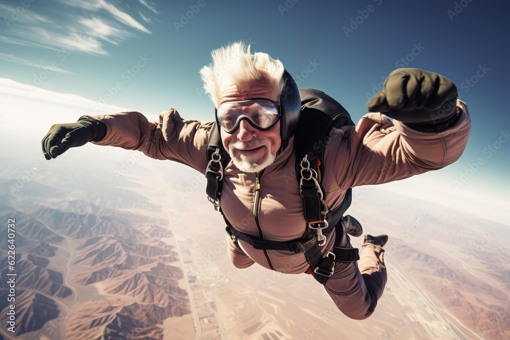 Excited Caucasian senior male skydiving created with generative AI ...