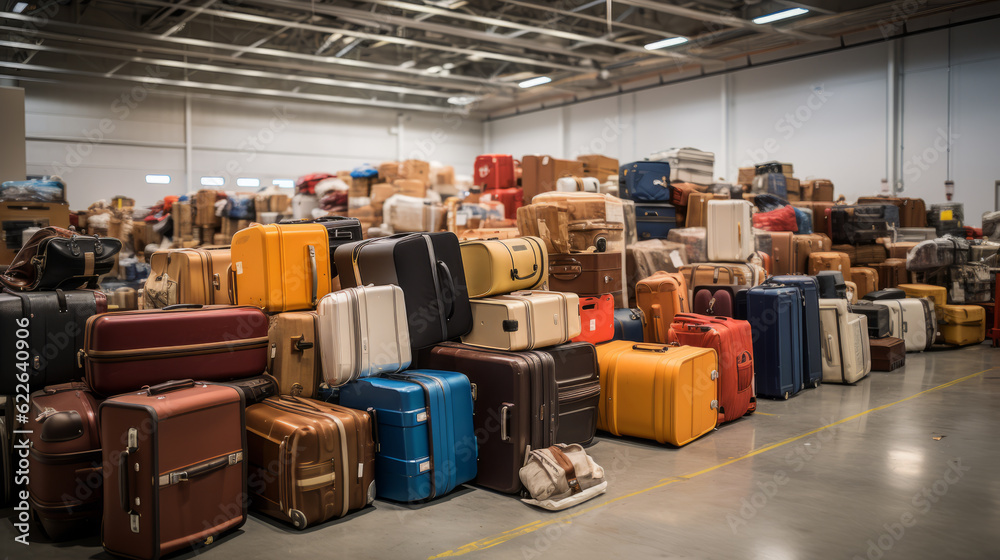 Storage unit overflowing with stacks of forgotten and abandoned luggage ...