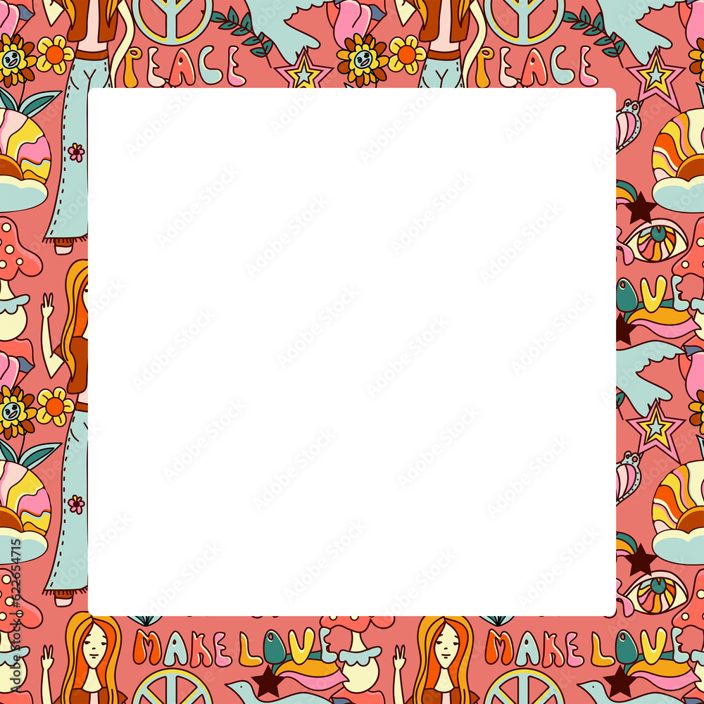 Groovy doodles frame. Hippies hand drawn elements, 70s retro Stock ...