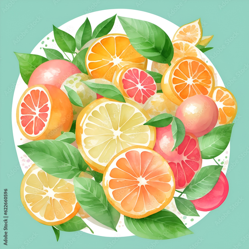 Watercolor citrus cartoon. AI generated illustration Stock Illustration ...