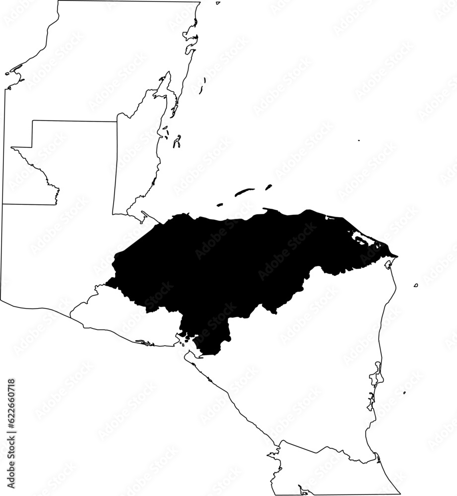 Map of an outline of the country of Honduras highlighted in black ...