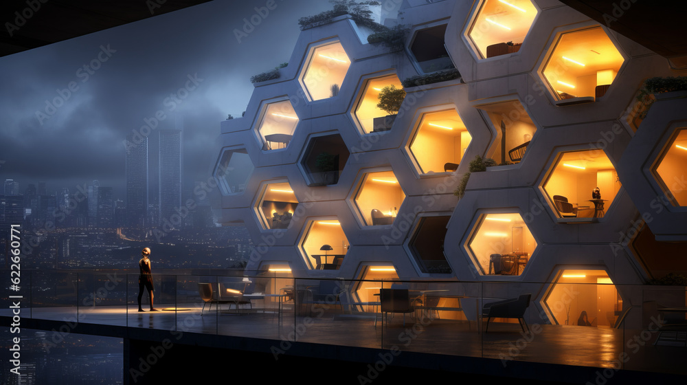 Modular hexagon concrete building looking like honeycomb at night Stock ...