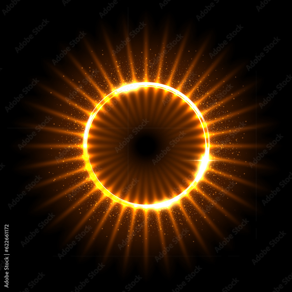 Solar eclipse with gold fiery flashes on edge vector illustration ...