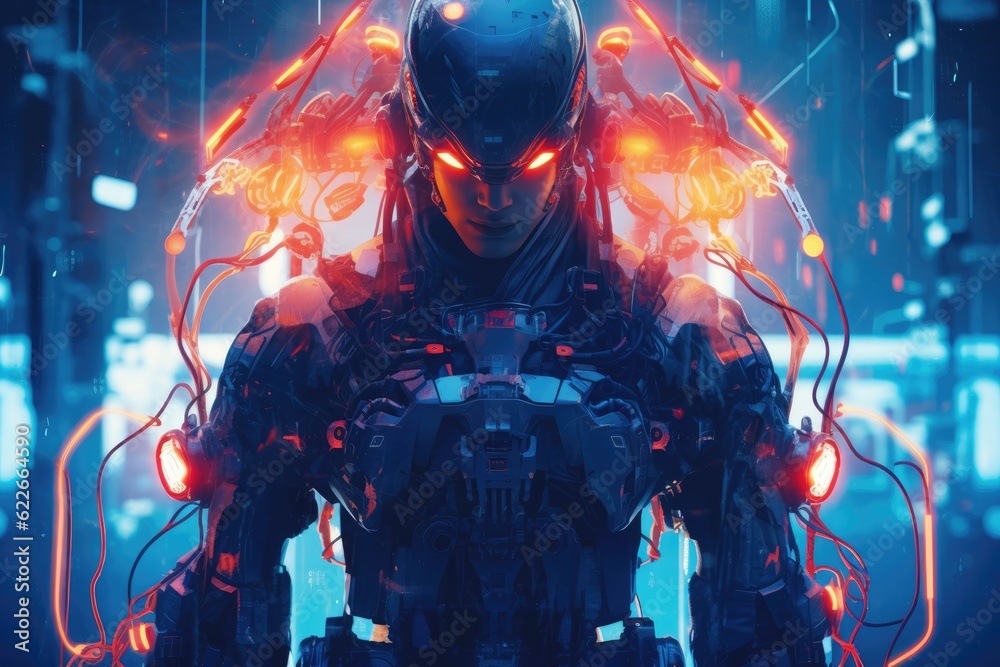 netrunner in futuristic costume on blurred lights background ...