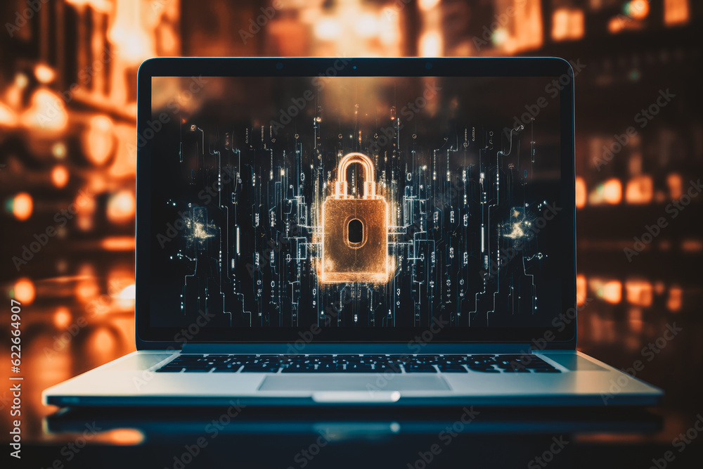 padlock on the screen of laptop, yellow lights background, Generative ...