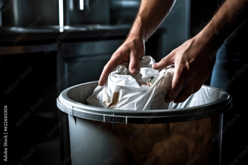 hands of a person throwing away a trash garbage bag in a trash bin in ...